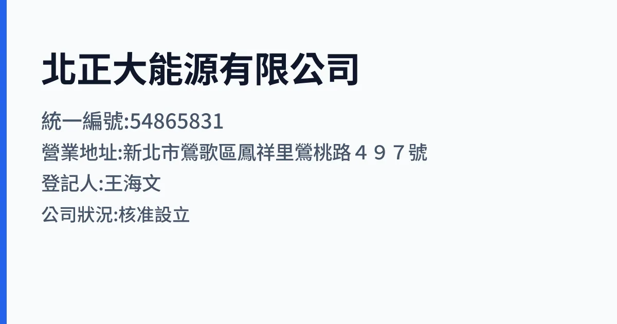 北正大能源有限公司 - 統編 54865831 (新北市) 公司登記資料與營業項目詳細圖表