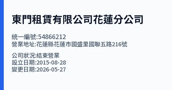 東門租賃有限公司花蓮分公司的照片-統編 54866212(花蓮縣) 公司登記資料與營業項目詳細圖表
