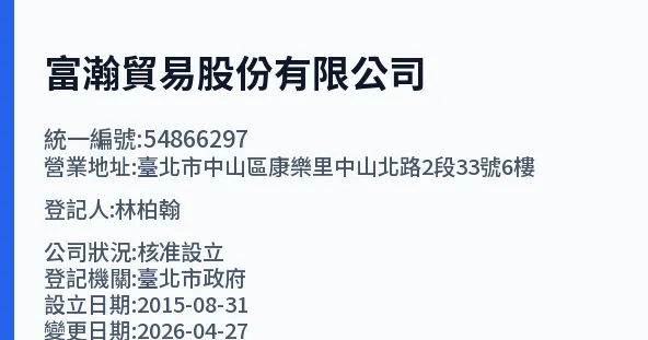 富瀚貿易股份有限公司的照片-統編 54866297(臺北市) 公司登記資料與營業項目詳細圖表