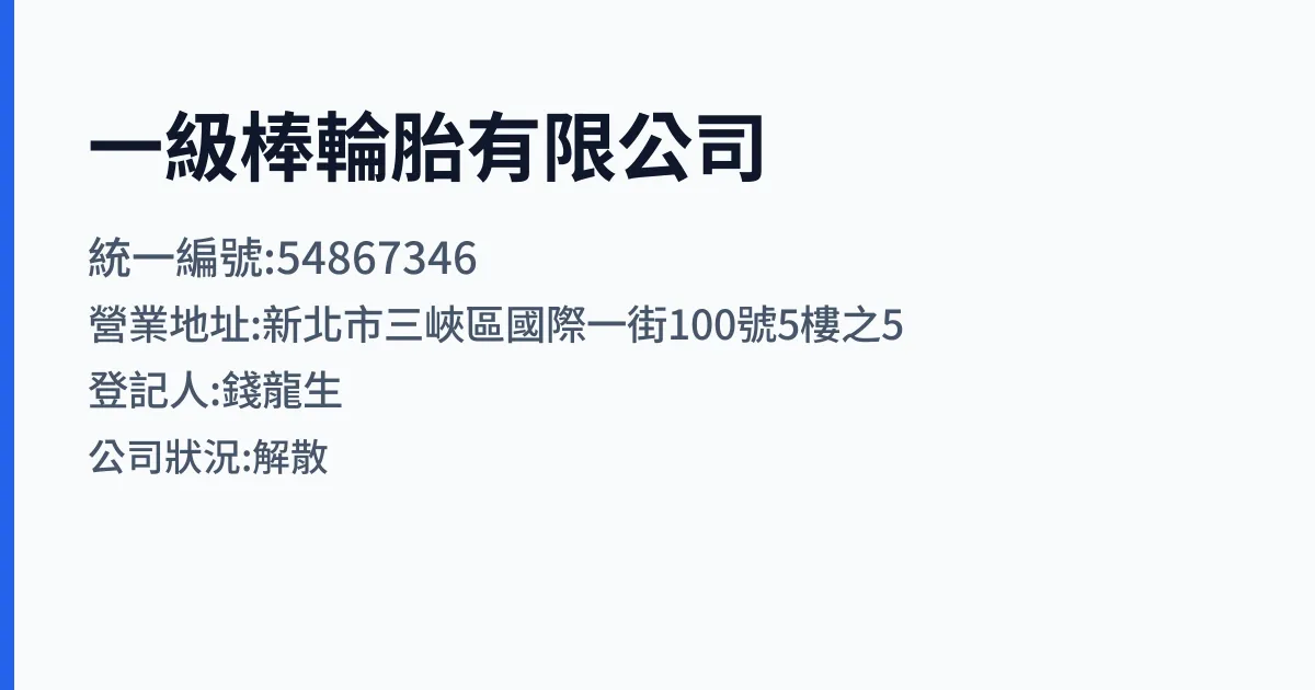 一級棒輪胎有限公司 - 統編 54867346(新北市) 公司登記資料與營業項目詳細圖表