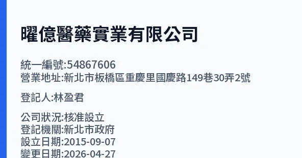 曜億醫藥實業有限公司的照片-統編 54867606(新北市) 公司登記資料與營業項目詳細圖表