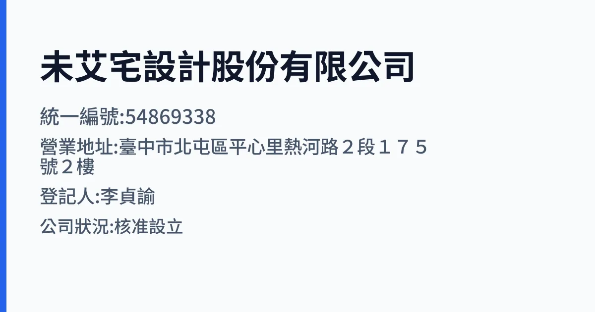 未艾宅設計股份有限公司 - 統編 54869338(臺中市) 公司登記資料與營業項目詳細圖表