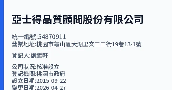 亞士得品質顧問股份有限公司的照片-統編 54870911(桃園市) 公司登記資料與營業項目詳細圖表