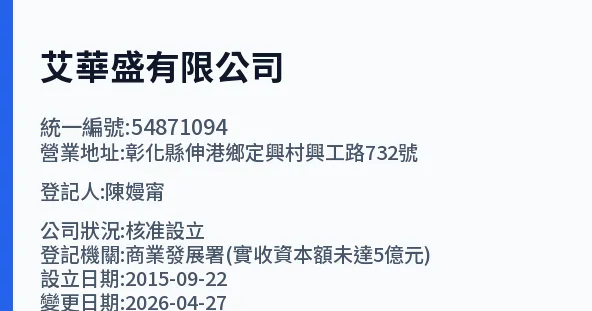 艾華盛有限公司的照片-統編 54871094(彰化縣) 公司登記資料與營業項目詳細圖表