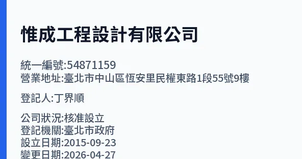 惟成工程設計有限公司的照片-統編 54871159(臺北市) 公司登記資料與營業項目詳細圖表