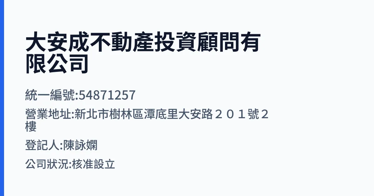 大安成不動產投資顧問有限公司 - 統編 54871257(新北市) 公司登記資料與營業項目詳細圖表