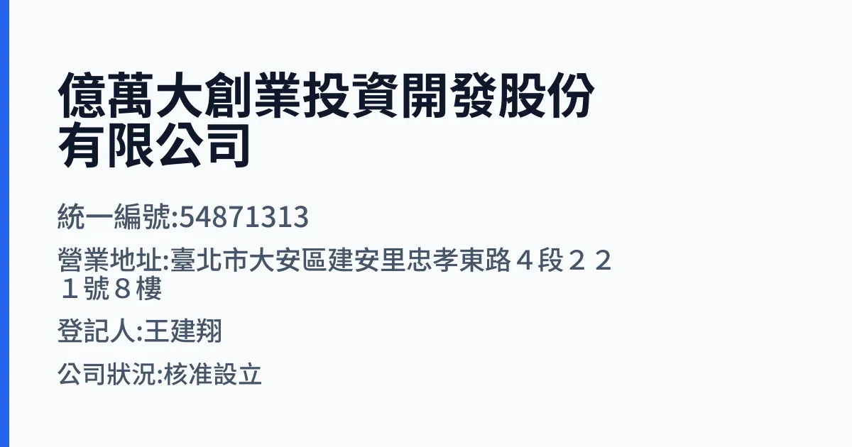 億萬大創業投資開發股份有限公司 - 統編 54871313(臺北市) 公司登記資料與營業項目詳細圖表