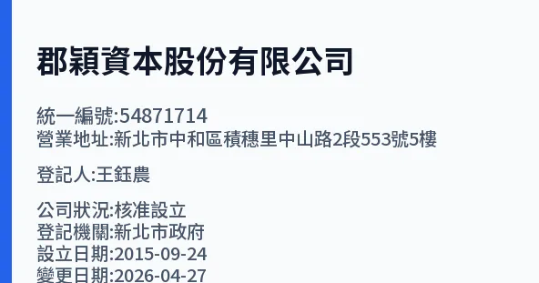 郡穎資本股份有限公司的照片-統編 54871714(新北市) 公司登記資料與營業項目詳細圖表