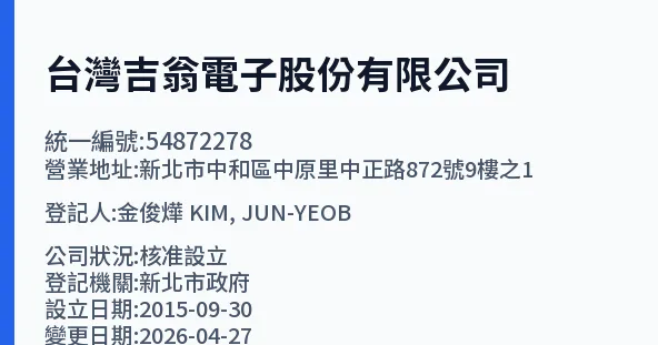 台灣吉翁電子股份有限公司的照片-統編 54872278(新北市) 公司登記資料與營業項目詳細圖表