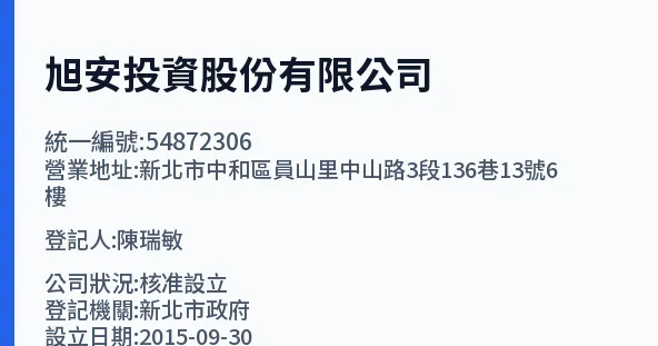 旭安投資股份有限公司的照片-統編 54872306(新北市) 公司登記資料與營業項目詳細圖表