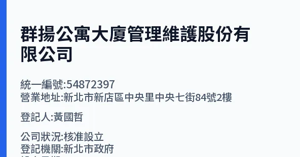 群揚公寓大廈管理維護股份有限公司的照片-統編 54872397(新北市) 公司登記資料與營業項目詳細圖表
