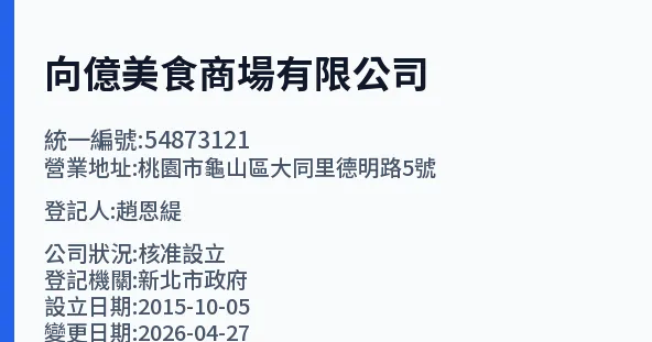 向億美食商場有限公司的照片-統編 54873121(桃園市) 公司登記資料與營業項目詳細圖表