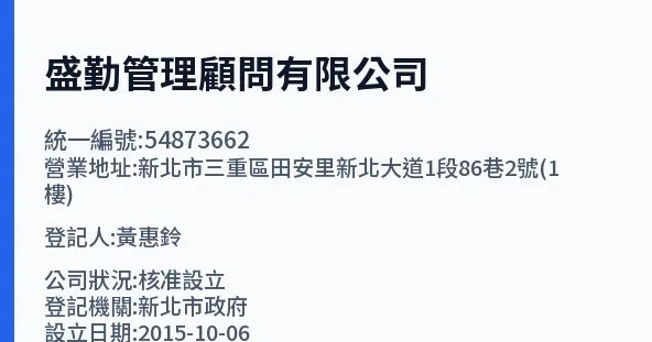 盛勤管理顧問有限公司的照片-統編 54873662(新北市) 公司登記資料與營業項目詳細圖表