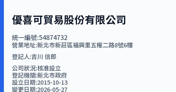 優喜可貿易股份有限公司的照片-統編 54874732(新北市) 公司登記資料與營業項目詳細圖表