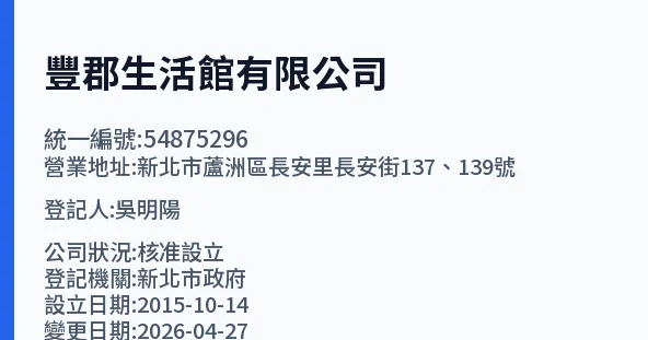 豐郡生活館有限公司的照片-統編 54875296(新北市) 公司登記資料與營業項目詳細圖表