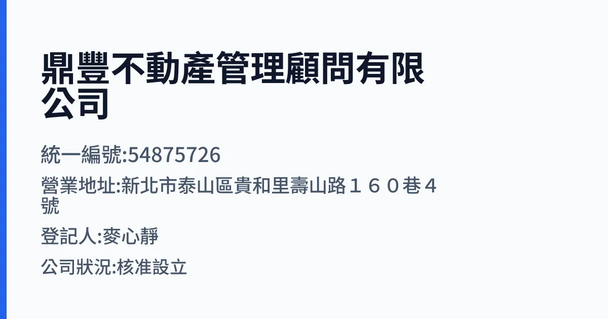 鼎豐不動產管理顧問有限公司 - 統編 54875726(新北市) 公司登記資料與營業項目詳細圖表