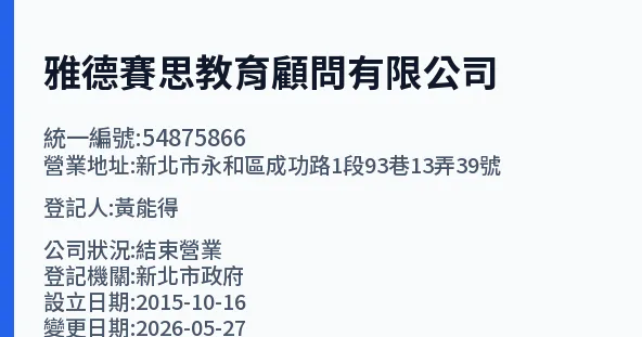 雅德賽思教育顧問有限公司的照片-統編 54875866(新北市) 公司登記資料與營業項目詳細圖表