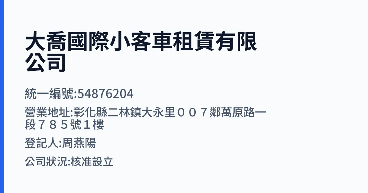 大喬國際小客車租賃有限公司 - 統編 54876204(新北市) 公司登記資料與營業項目詳細圖表
