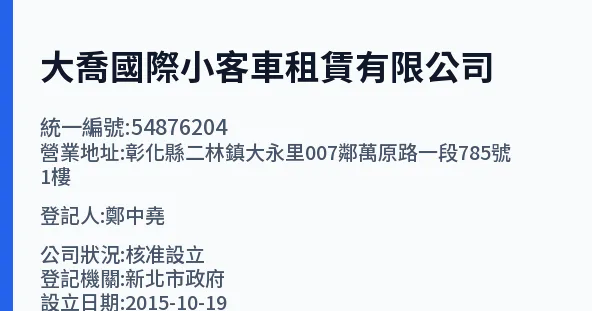 大喬國際小客車租賃有限公司的照片-統編 54876204(彰化縣) 公司登記資料與營業項目詳細圖表
