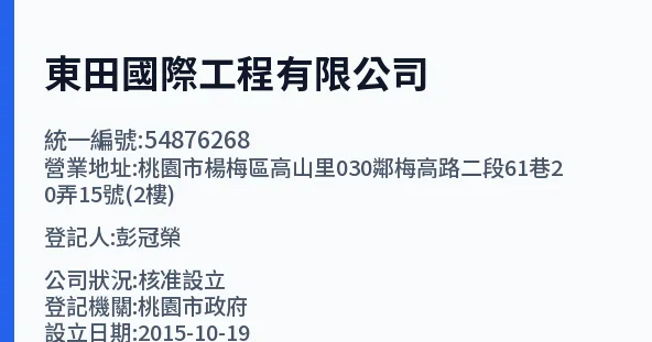 東田國際工程有限公司的照片-統編 54876268(桃園市) 公司登記資料與營業項目詳細圖表