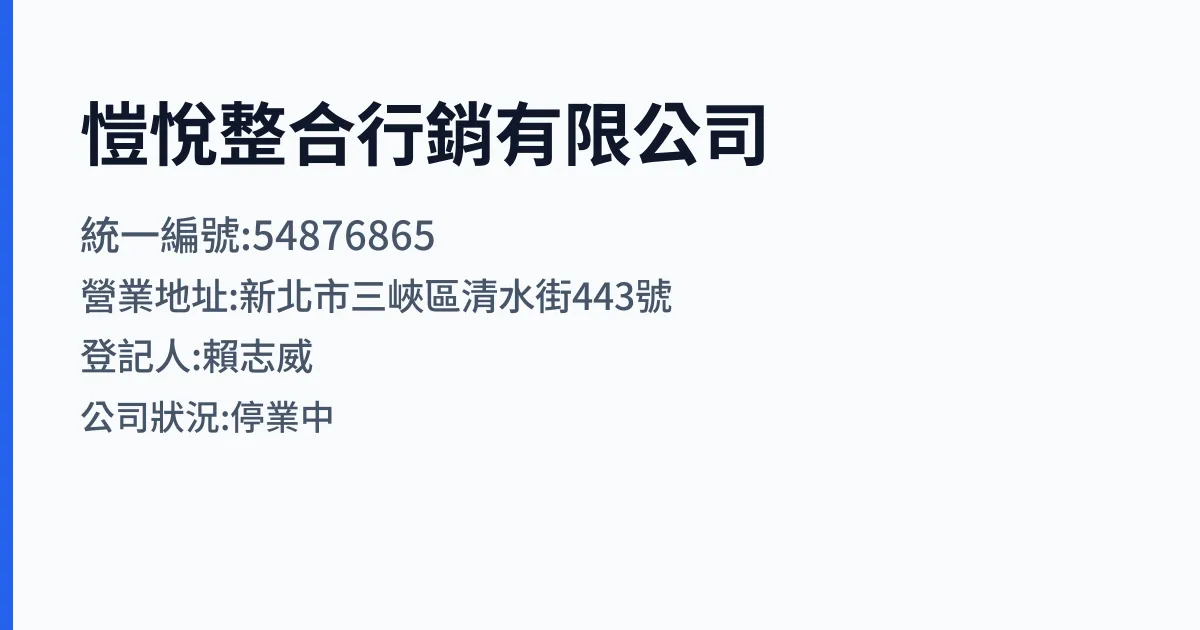愷悅整合行銷有限公司 - 統編 54876865(新北市) 公司登記資料與營業項目詳細圖表