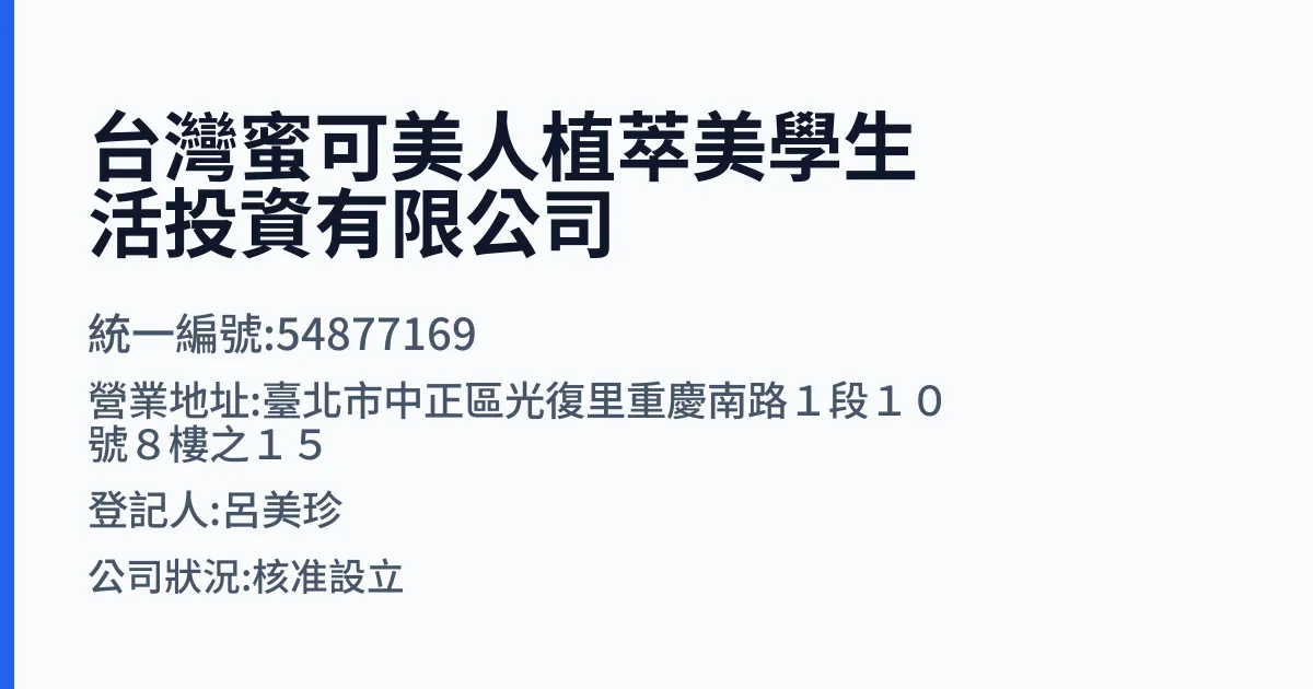 台灣蜜可美人植萃美學生活投資有限公司 - 統編 54877169(臺北市) 公司登記資料與營業項目詳細圖表
