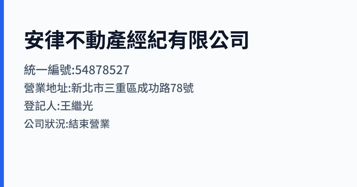安律不動產經紀有限公司 - 統編 54878527(新北市) 公司登記資料與營業項目詳細圖表