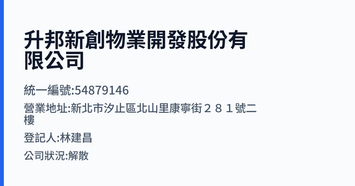 升邦新創物業開發股份有限公司 - 統編 54879146(臺北市) 公司登記資料與營業項目詳細圖表