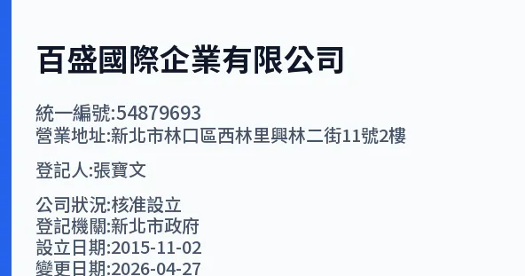 百盛國際企業有限公司的照片-統編 54879693(新北市) 公司登記資料與營業項目詳細圖表