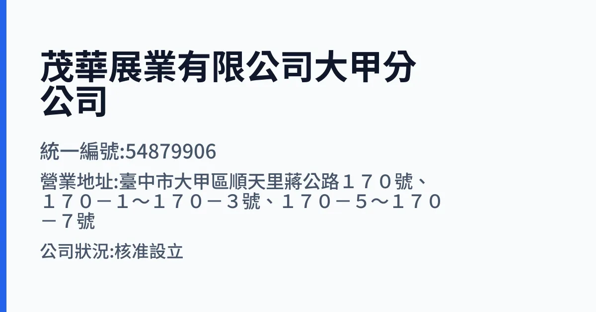 茂華展業有限公司大甲分公司 - 統編 54879906(臺中市) 公司登記資料與營業項目詳細圖表