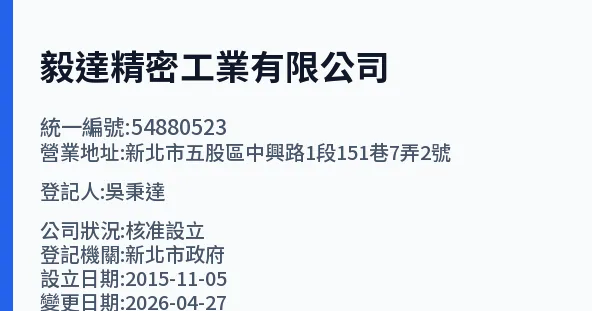 毅達精密工業有限公司的照片-統編 54880523(新北市) 公司登記資料與營業項目詳細圖表