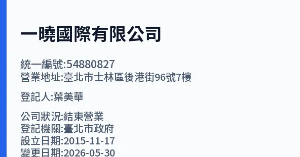 一曉國際有限公司的照片-統編 54880827(臺北市) 公司登記資料與營業項目詳細圖表