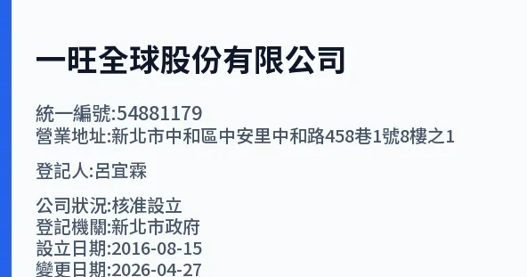 一旺全球股份有限公司的照片-統編 54881179(新北市) 公司登記資料與營業項目詳細圖表