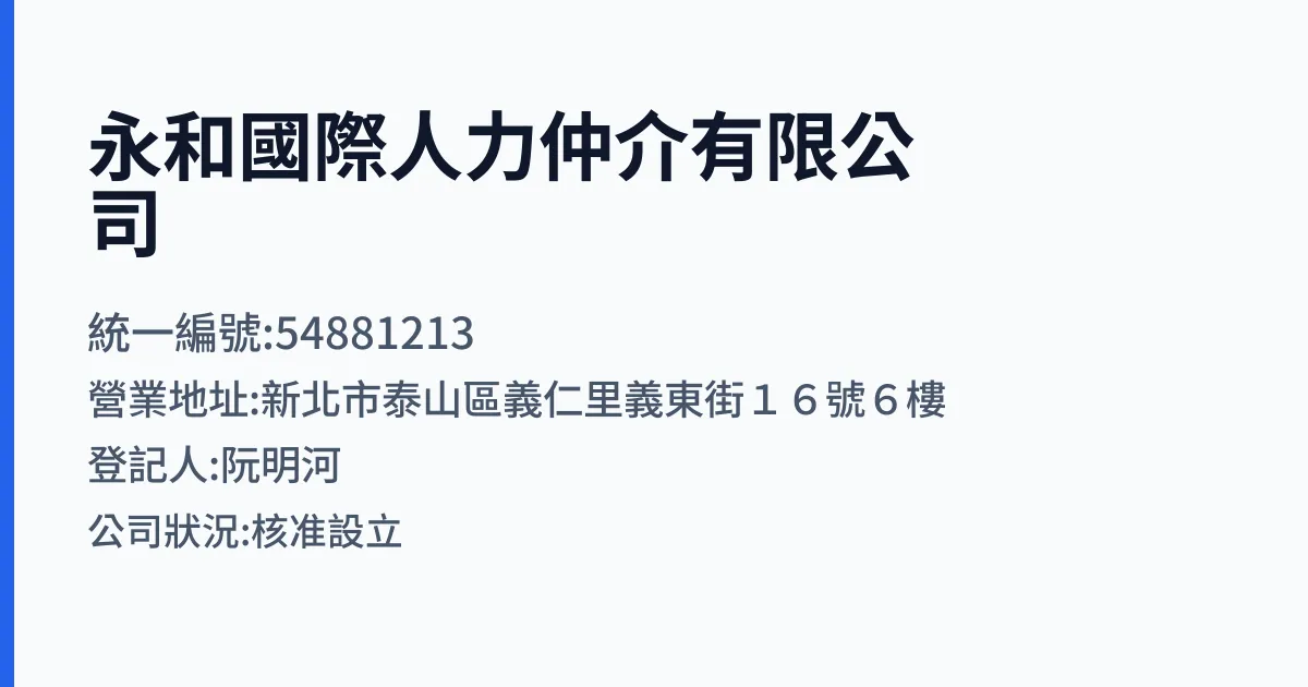 永和國際人力仲介有限公司 - 統編 54881213(新北市) 公司登記資料與營業項目詳細圖表