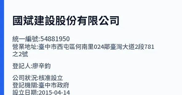 國斌建設股份有限公司的照片-統編 54881950(臺中市) 公司登記資料與營業項目詳細圖表