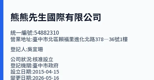 熊熊先生國際有限公司的照片-統編 54882310(臺中市) 公司登記資料與營業項目詳細圖表