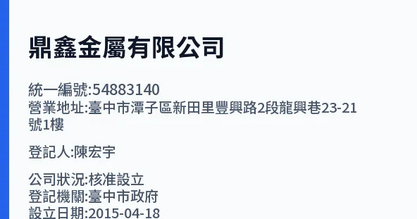 鼎鑫金屬有限公司的照片-統編 54883140(臺中市) 公司登記資料與營業項目詳細圖表