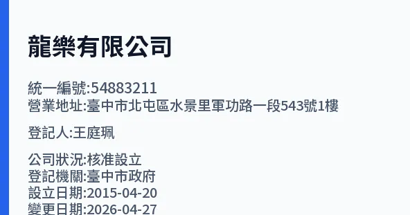 龍樂有限公司的照片-統編 54883211(臺中市) 公司登記資料與營業項目詳細圖表