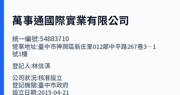 萬事通國際實業有限公司的照片-統編 54883710(臺中市) 公司登記資料與營業項目詳細圖表