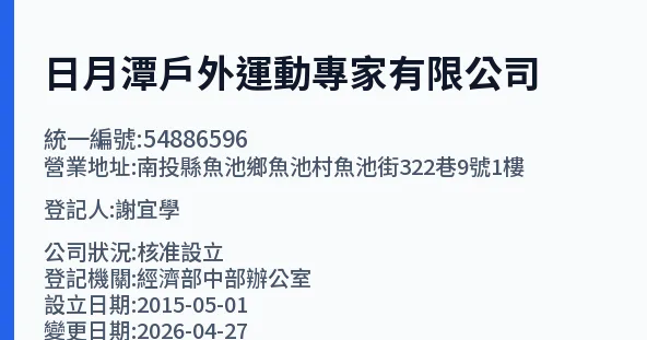 日月潭戶外運動專家有限公司的照片-統編 54886596(南投縣) 公司登記資料與營業項目詳細圖表