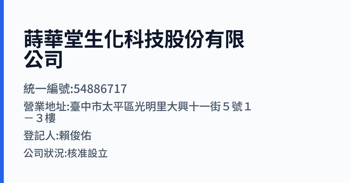 蒔華堂生化科技股份有限公司 - 統編 54886717(臺中市) 公司登記資料與營業項目詳細圖表
