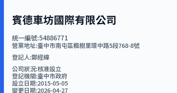 賓德車坊國際有限公司的照片-統編 54886771(臺中市) 公司登記資料與營業項目詳細圖表