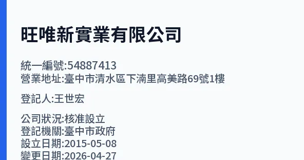 旺唯新實業有限公司的照片-統編 54887413(臺中市) 公司登記資料與營業項目詳細圖表