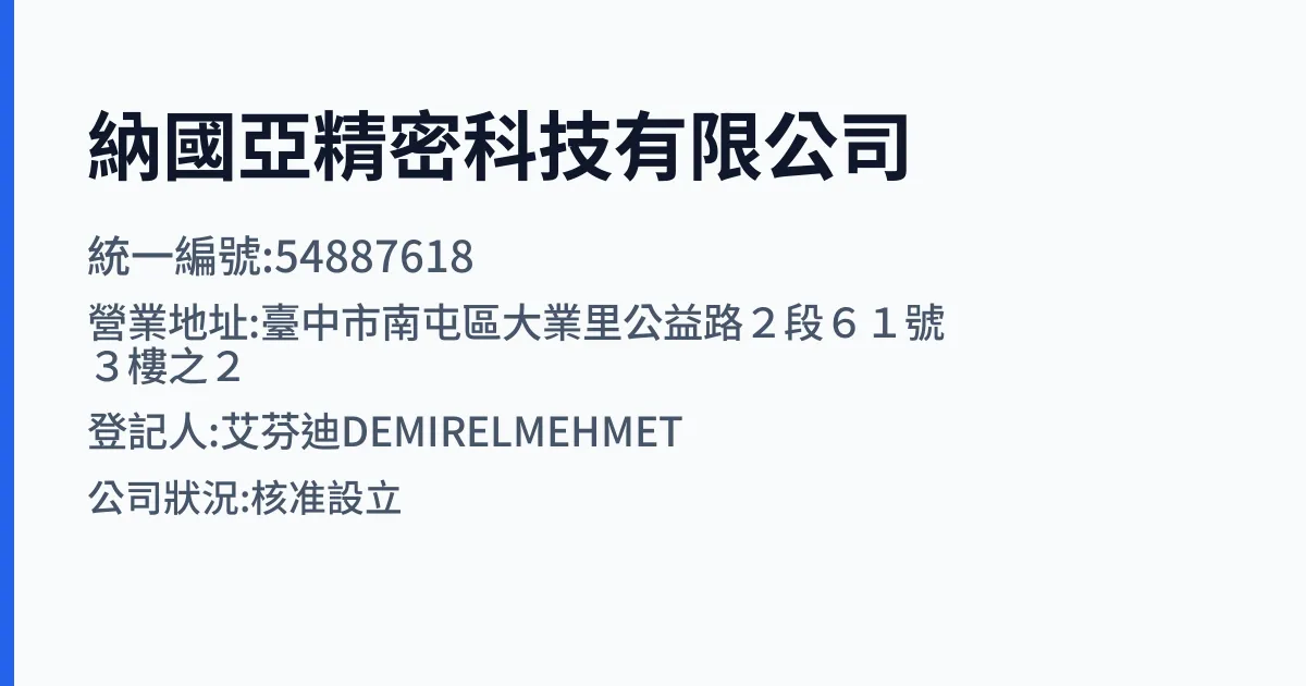 納國亞精密科技有限公司 - 統編 54887618(臺中市) 公司登記資料與營業項目詳細圖表