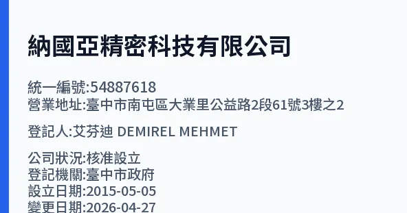 納國亞精密科技有限公司的照片-統編 54887618(臺中市) 公司登記資料與營業項目詳細圖表