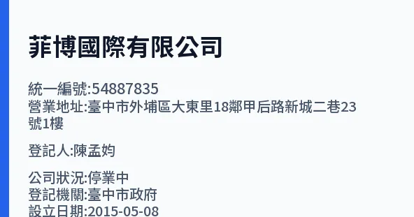 菲博國際有限公司的照片-統編 54887835(臺中市) 公司登記資料與營業項目詳細圖表