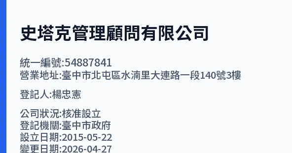 史塔克管理顧問有限公司的照片-統編 54887841(臺中市) 公司登記資料與營業項目詳細圖表