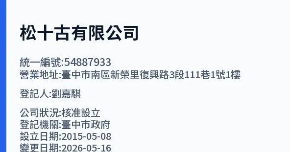松十古有限公司的照片-統編 54887933(臺中市) 公司登記資料與營業項目詳細圖表
