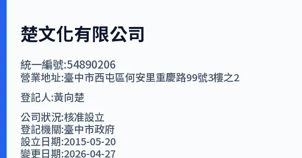 楚文化有限公司的照片-統編 54890206(臺中市) 公司登記資料與營業項目詳細圖表