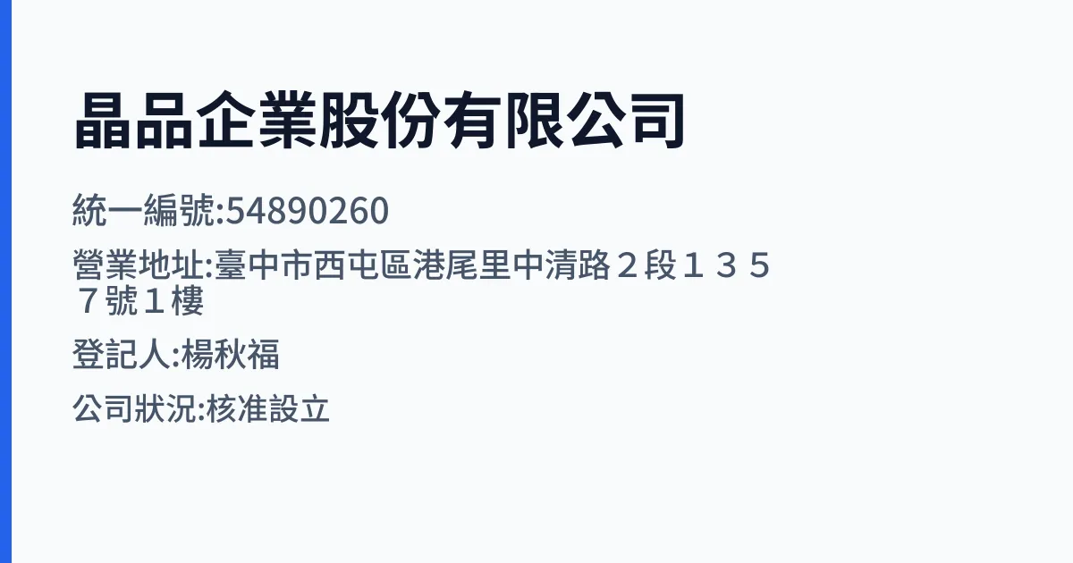 晶品企業股份有限公司 - 統編 54890260(臺中市) 公司登記資料與營業項目詳細圖表